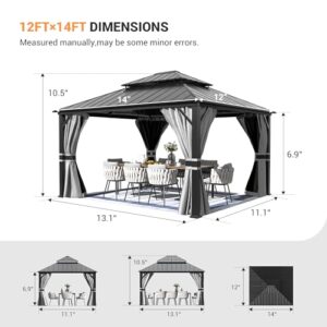 Amopatio 12' X 14' Hardtop Gazebo Permanent Aluminum Gazebos with Galvanized Steel Double Roof for Patio Lawn and Garden,Included Curtains & Mosquito Netting,Grey