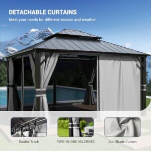 Amopatio 12' X 14' Hardtop Gazebo Permanent Aluminum Gazebos with Galvanized Steel Double Roof for Patio Lawn and Garden,Included Curtains & Mosquito Netting,Grey