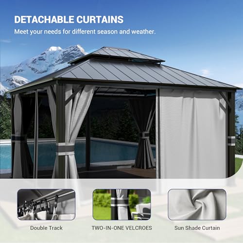 Amopatio 12' X 14' Hardtop Gazebo Permanent Aluminum Gazebos with Galvanized Steel Double Roof for Patio Lawn and Garden,Included Curtains & Mosquito Netting,Grey