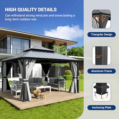 Amopatio 12' X 14' Hardtop Gazebo Permanent Aluminum Gazebos with Galvanized Steel Double Roof for Patio Lawn and Garden,Included Curtains & Mosquito Netting,Grey