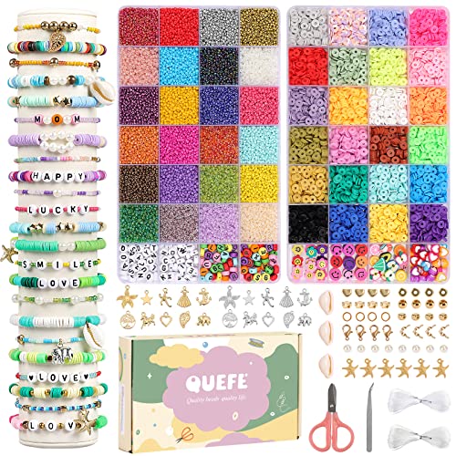 QUEFE Bracelet Making Kit 20000pcs 2mm Glass Seed Beads 3600pcs Clay Beads for Jewelry Making Letter Beads Charms Pendants Heishi Beading Supplies for Girls Handmade Gift