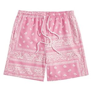 SOLY HUX Men's Cartoon Print Elastic High Waisted Casual Summer Shorts Pink and White M