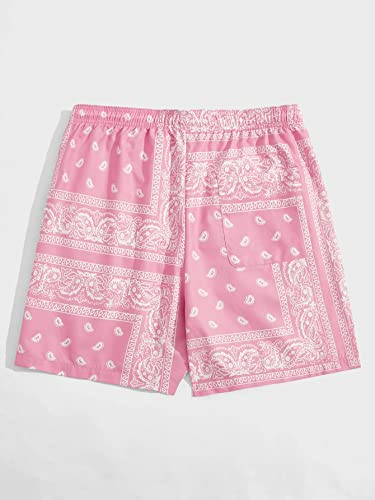 SOLY HUX Men's Cartoon Print Elastic High Waisted Casual Summer Shorts Pink and White M