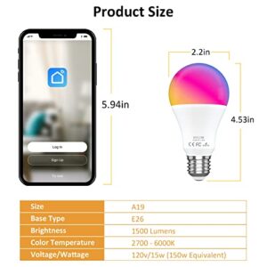 Smart Light Bulb, 15W (150W Equivalent) 1500Lumen Smart Alexa Light Bulb, E26 A19 Ultra Bright Led Color Changing Bulb, 2.4 GHz WiFi Light Bulb Compatiable with Alexa, Google (No Hub Required)