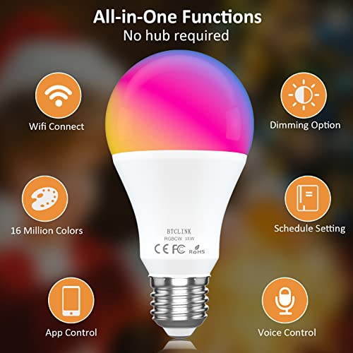 Smart Light Bulb, 15W (150W Equivalent) 1500Lumen Smart Alexa Light Bulb, E26 A19 Ultra Bright Led Color Changing Bulb, 2.4 GHz WiFi Light Bulb Compatiable with Alexa, Google (No Hub Required)