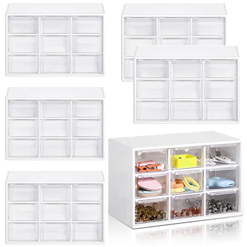 6 Pcs Mini Drawer Organizer Small Organizer with Drawers Plastic Desktop Storage Box with 9 Drawers Desk Craft Organizer for Office Home Room Jewelry Cosmetics Collection, Wall Mounted (White)