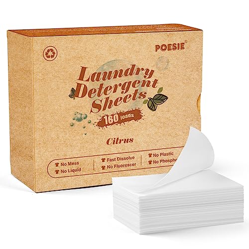 Poesie Laundry Detergent Sheets Citrus Scent 160 Sheets 80 Large Loads Laundry Strips No Plastic Jug Liquidless Travel Portable HE Eco-Friendly for Camping Dorm Life Clean and Free