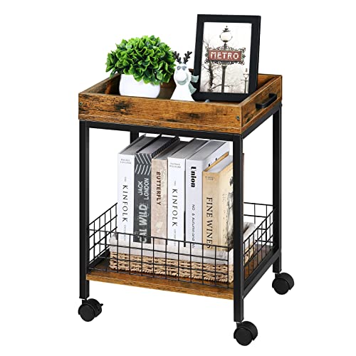 Fogein Side Table with Wheels,End Table with Removable Serving Tray, Industrial Retro Side Table Nightstand Storage Shelf, for Sofa Kitchen Living Room and Bedroom(Rustic Brown)