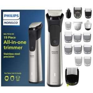 philips norelco multigroom series 7000, mens grooming kit with trimmer for beard, head, hair, body, groin, and face - no blade oil needed, mg7910/49