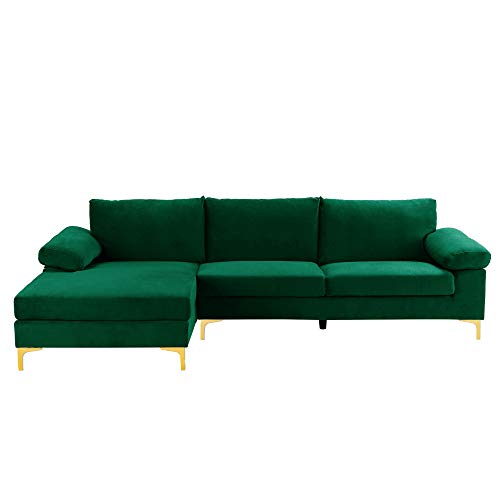 Casa Andrea Milano Modern Sectional Sofa L Shaped Velvet Couch, with Extra Wide Chaise Lounge and Gold Legs, Large, Emerald