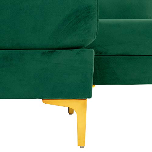 Casa Andrea Milano Modern Sectional Sofa L Shaped Velvet Couch, with Extra Wide Chaise Lounge and Gold Legs, Large, Emerald