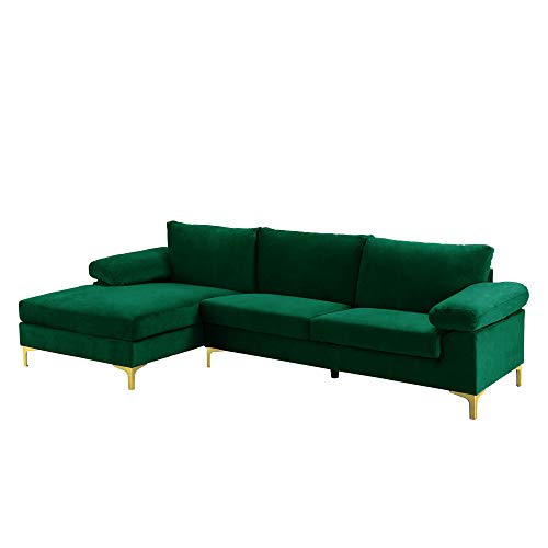 Casa Andrea Milano Modern Sectional Sofa L Shaped Velvet Couch, with Extra Wide Chaise Lounge and Gold Legs, Large, Emerald