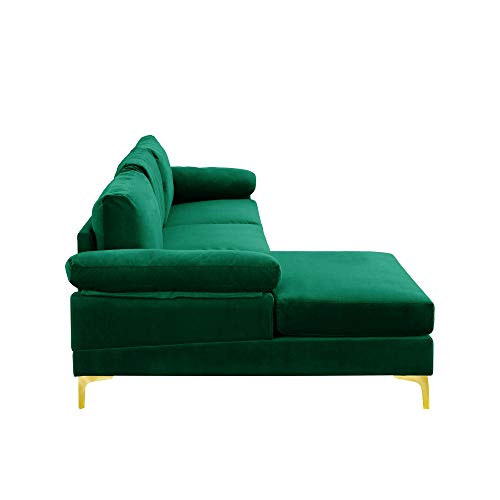 Casa Andrea Milano Modern Sectional Sofa L Shaped Velvet Couch, with Extra Wide Chaise Lounge and Gold Legs, Large, Emerald