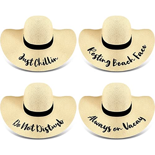 4 Pcs Women Beach Hats Floppy Foldable Straw Hat Embroidered Summer Wide Brim Hats for Travel Summer Vacation (Beige, Classic Style)