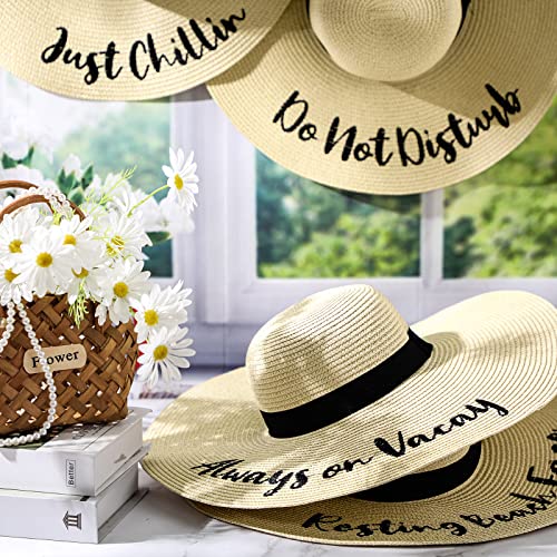 4 Pcs Women Beach Hats Floppy Foldable Straw Hat Embroidered Summer Wide Brim Hats for Travel Summer Vacation (Beige, Classic Style)