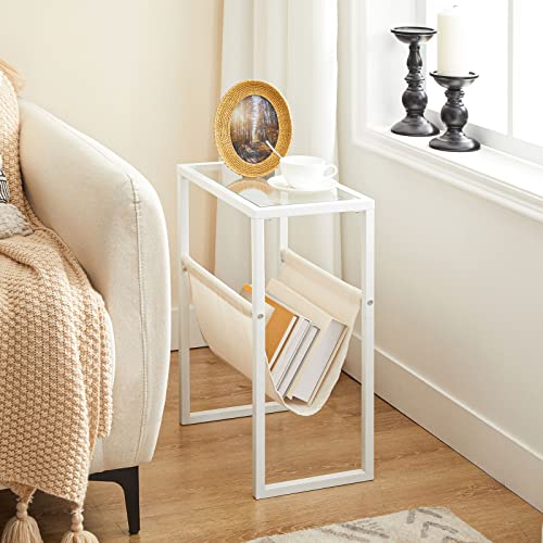 HOOBRO Narrow Side Table, Tempered Glass End Table with Fabric Magazine Sling, Small Coffee Accent Table, Bedside Table for Small Space, Bedroom, Living Room, Modern Style, White WT66BZ01