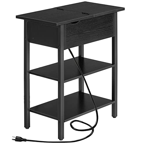 HOOBRO Side Table, Flip End Table with Charging Station and Shelves, USB Ports & Power Outlets, Narrow Nightstand for Small Spaces, Stable and Sturdy, for Living Room, Black BK341BZ01