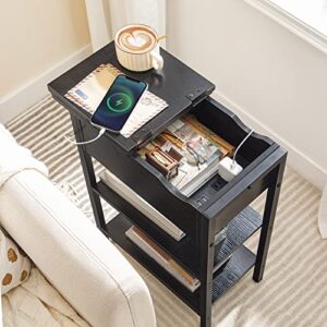 HOOBRO Side Table, Flip End Table with Charging Station and Shelves, USB Ports & Power Outlets, Narrow Nightstand for Small Spaces, Stable and Sturdy, for Living Room, Black BK341BZ01