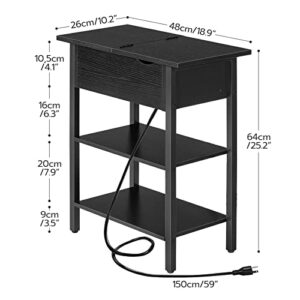 HOOBRO Side Table, Flip End Table with Charging Station and Shelves, USB Ports & Power Outlets, Narrow Nightstand for Small Spaces, Stable and Sturdy, for Living Room, Black BK341BZ01