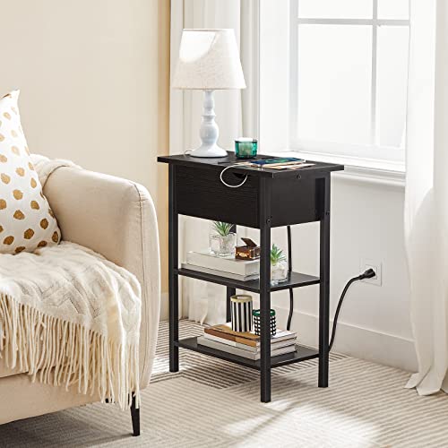 HOOBRO Side Table, Flip End Table with Charging Station and Shelves, USB Ports & Power Outlets, Narrow Nightstand for Small Spaces, Stable and Sturdy, for Living Room, Black BK341BZ01