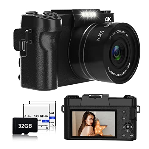 NIKICAM Digital Camera for Photography 4K 56MP Vlogging Camera for YouTube with 16X Digital Zoom, 2 Rechargeable Batteries, 32GB TF Card(W03-Black4)