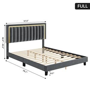 Senfot Full Size Bed Frame, Velvet Upholstered Platform Bed with Adjustable Tufted Headboard and Heavy Duty Metal Foundation with Wood Slats Supports No Box Spring Needed in Gray