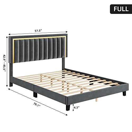 Senfot Full Size Bed Frame, Velvet Upholstered Platform Bed with Adjustable Tufted Headboard and Heavy Duty Metal Foundation with Wood Slats Supports No Box Spring Needed in Gray