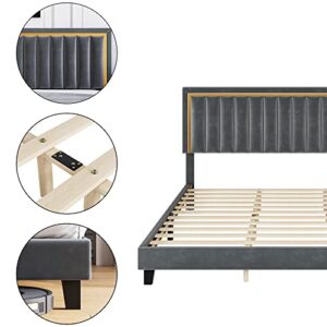 Senfot Full Size Bed Frame, Velvet Upholstered Platform Bed with Adjustable Tufted Headboard and Heavy Duty Metal Foundation with Wood Slats Supports No Box Spring Needed in Gray