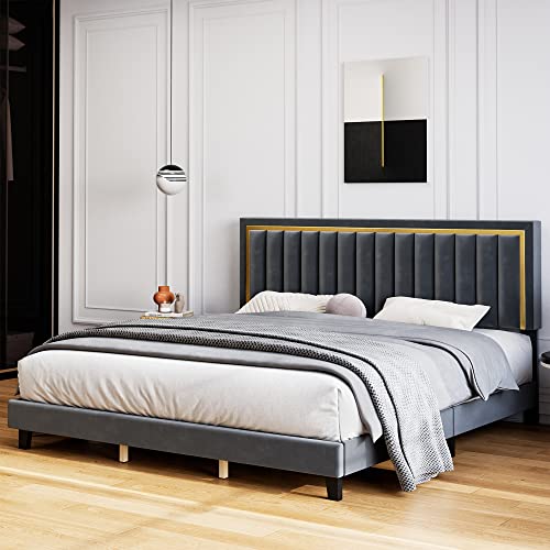 Senfot Full Size Bed Frame, Velvet Upholstered Platform Bed with Adjustable Tufted Headboard and Heavy Duty Metal Foundation with Wood Slats Supports No Box Spring Needed in Gray