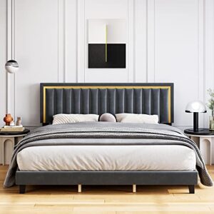 Senfot Full Size Bed Frame, Velvet Upholstered Platform Bed with Adjustable Tufted Headboard and Heavy Duty Metal Foundation with Wood Slats Supports No Box Spring Needed in Gray