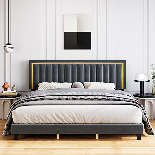 Senfot Full Size Bed Frame, Velvet Upholstered Platform Bed with Adjustable Tufted Headboard and Heavy Duty Metal Foundation with Wood Slats Supports No Box Spring Needed in Gray