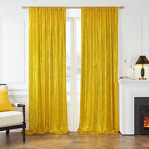 Outpain 2 Panels 4FT x 10 FT Gold Sequin Backdrop Curtain, Not See Through 8FT x 10 FT Gold Glitter Backdrop Drapes for Wedding Party Photography Home Decoration