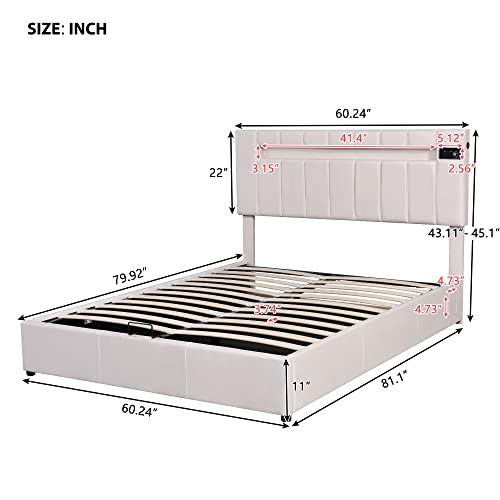 LUMISOL Lift Storage Bed Queen Size, Upholstered Platform with LED Light Bluetooth Player and USB Charging Tufted Headboard, Bed Frame with a Hydraulic Storage and Slat Support, Beige