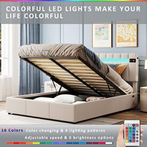 LUMISOL Lift Storage Bed Queen Size, Upholstered Platform with LED Light Bluetooth Player and USB Charging Tufted Headboard, Bed Frame with a Hydraulic Storage and Slat Support, Beige