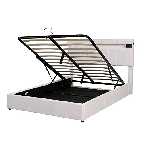 LUMISOL Lift Storage Bed Queen Size, Upholstered Platform with LED Light Bluetooth Player and USB Charging Tufted Headboard, Bed Frame with a Hydraulic Storage and Slat Support, Beige