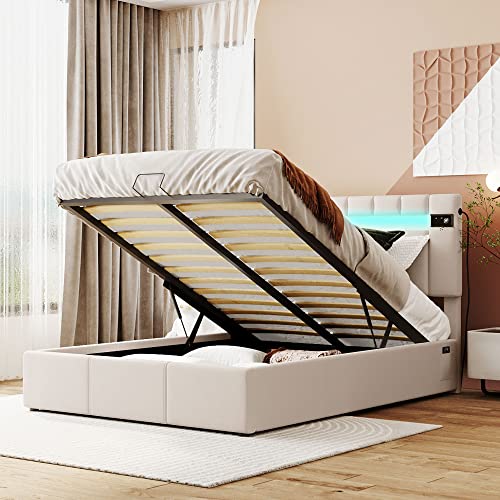 LUMISOL Upholstered Full Size Platform Bed with LED Light, Bluetooth Player and USB Charging, Velvet Bed Frame with Hydraulic Storage and Slat Support, for Kids, Teens, Bedroom, Beige