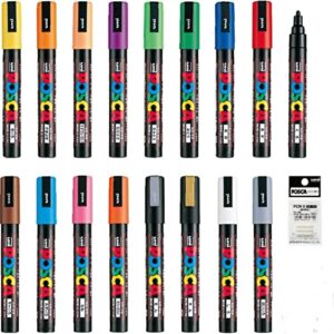 posca marker acrylic paint pens fine point tip width 1.8〜2.5mm 17 colors pc-5m, for rock painting, fabric, glass paint, metal paint including pens tip refill pcr-5