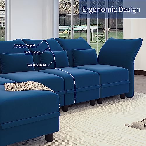 LLappuil Velvet Modular Sectional Sofa 127.7" 7-Seater U Shaped Couch with Storage, High Back Recliner Couches with Chaise for Living Room, Anti-Scratch Blue