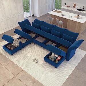 LLappuil Velvet Modular Sectional Sofa 127.7" 7-Seater U Shaped Couch with Storage, High Back Recliner Couches with Chaise for Living Room, Anti-Scratch Blue