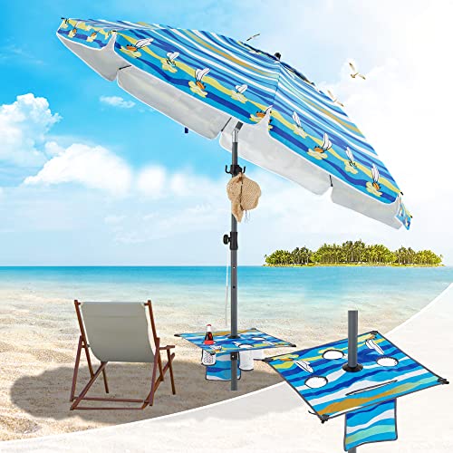 Magiea 7ft Beach Umbrellas For Sand Heavy Duty Wind, Portable Beach Umbrella UPF 50+ Windproof Outdoor Beach Umbrella with Sand Anchor, Tilt Pole, Carry Bag, Table Tray, Vent and Hook