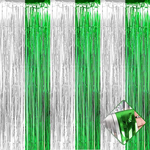 4 Pack 3.2Ft x 8.2Ft Silver Green Foil Fringe Curtain Backdrop, Metallic Tinsel Foil Fringe Streamers Curtains Background for Photo Booth, Birthday, Wedding, St Patrick Day Party Decoration