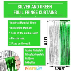 4 Pack 3.2Ft x 8.2Ft Silver Green Foil Fringe Curtain Backdrop, Metallic Tinsel Foil Fringe Streamers Curtains Background for Photo Booth, Birthday, Wedding, St Patrick Day Party Decoration