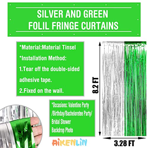 4 Pack 3.2Ft x 8.2Ft Silver Green Foil Fringe Curtain Backdrop, Metallic Tinsel Foil Fringe Streamers Curtains Background for Photo Booth, Birthday, Wedding, St Patrick Day Party Decoration