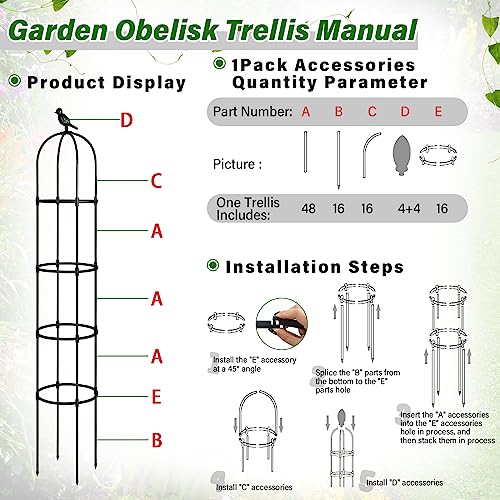 4 Pack 6 ft Garden Obelisk Trellis for Climbing Plants Outdoor Rustproof Rose Trellis for Pots Tall Tower Plant Trellis Metal Garden Trellis for Outdoor Indoor Vines Flower Plants Support (Black)