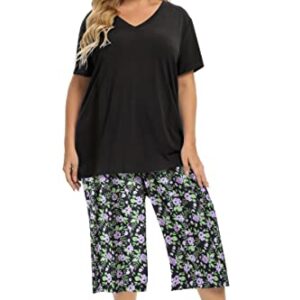 Vozanet Women's V Neck Sexy Pajamas Capri Sets Mexican Style Floral Sleepwear 2PCS Totem Casual Nighty Plus Size XL to 4XL, Purple, XXX-Large