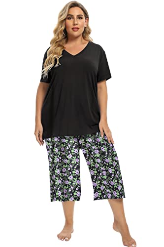 Vozanet Women's V Neck Sexy Pajamas Capri Sets Mexican Style Floral Sleepwear 2PCS Totem Casual Nighty Plus Size XL to 4XL, Purple, XXX-Large