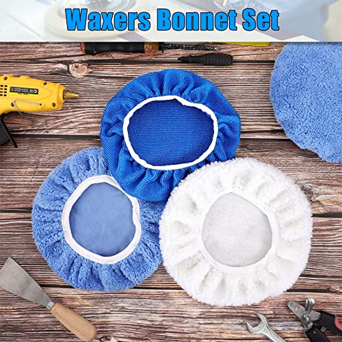 9PCS Polishing Bonnet Pads,9 to 10 Inch Polisher Bonnet Buffer Bonnets Waxers Bonnet,Buffing Pad Cover Waxing Bonnet,Mix Pack 3 Microfiber 3 Coral Fleece 3 Woolen for Car Polisher