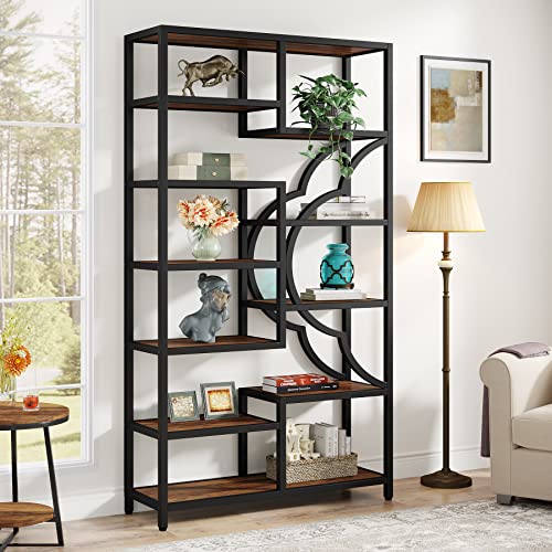 Tribesigns 75 Inch Tall Bookshelf, 11-Shelves Staggered Bookcase with Unique Arc-Shaped Design, Industrial Etagere Shelving Unit Storage Display Shelves for Living Room, Bedroom, Home Office, Brown