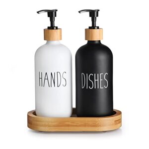 hulisen dish soap dispenser set with bamboo tall tray, kitchen soap dispenser set, matte hand and dish soap dispenser set for modern/boho/farmhouse kitchen decor (black & white)