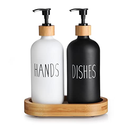 HULISEN Dish Soap Dispenser Set with Bamboo Tall Tray, Kitchen Soap Dispenser Set, Matte Hand and Dish Soap Dispenser Set for Modern/Boho/Farmhouse Kitchen Decor (Black & White)